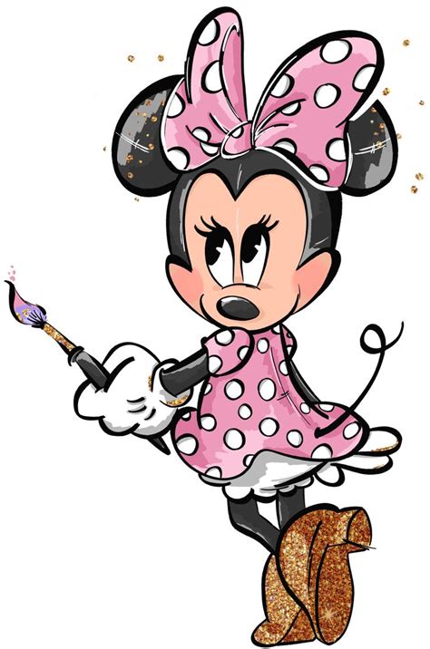 Minnie Mouse With Pink And White Polka Dots On Her Dress Holding A