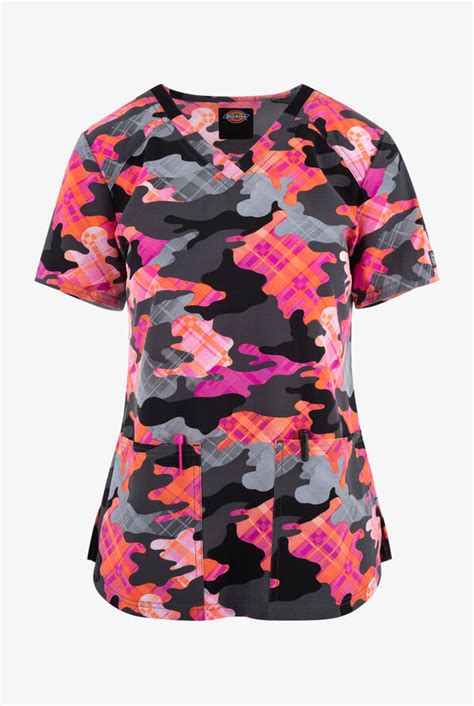 Dickies Eds Camo Plaid Womens 2 Pocket Stretch V Neck Print Scrub Top