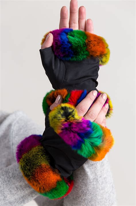 Rainbow Fleece Fingerless Gloves With Rex Rabbit Fur Trim Overland