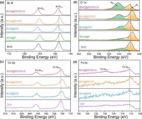 XPS Spectra Of BVO BVO P BVO ZCF BVO ZCF P And BVO ZCF P O A Bi