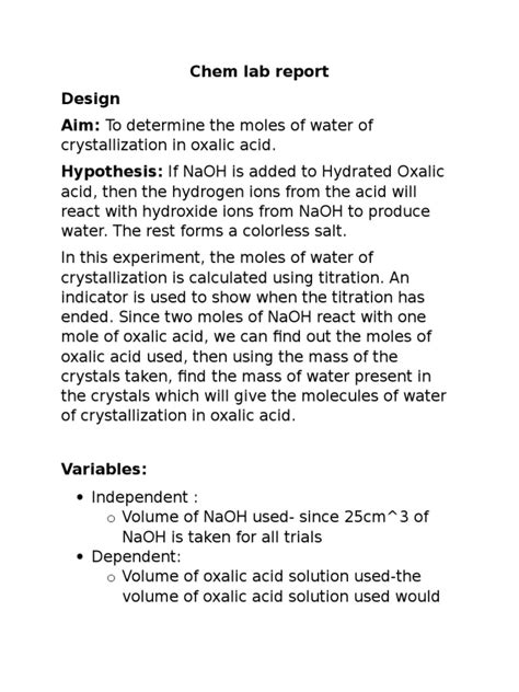 Chem Lab Report Oxalic Acid Titration Sodium Hydroxide