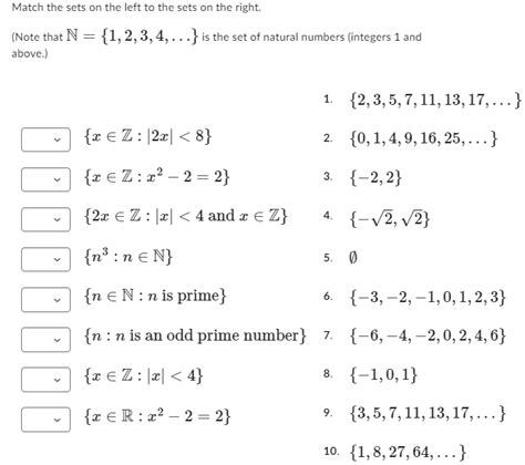 Solved Match The Sets On The Left To The Sets On The Right Chegg Com