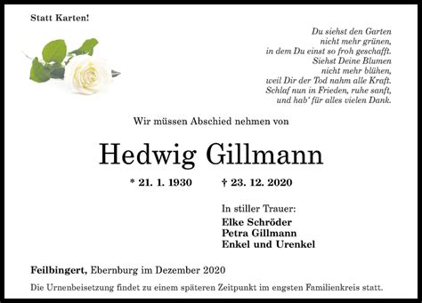 Traueranzeigen Von Hedwig Gillmann Rz Trauerde