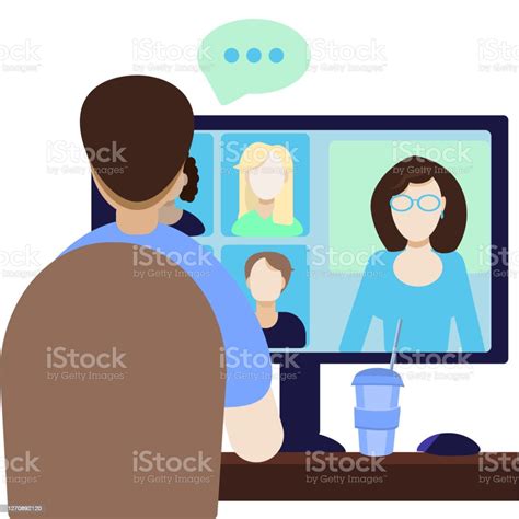 화상 통화 채팅 통신 개념 비디오 컨퍼런스에 참여하는 동료 그룹과 함께 데스크톱 컴퓨터 온라인 클래스 홈 워크 플랫 스타일의 현대적인 벡터 일러스트레이션 가상 이벤트에 대한