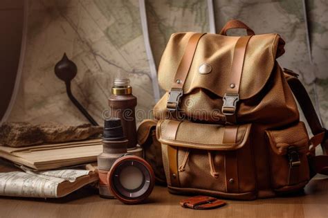 Travel Backpack With Map Compass And Binoculars Visible Stock Illustration Illustration Of