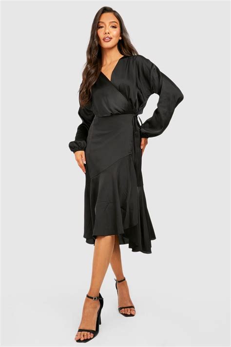 Satin Wrap Ruffle Long Sleeve Midi Dress Boohoo Usa