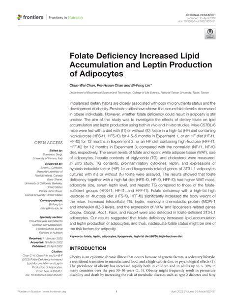 Pdf Folate Deficiency Increased Lipid Accumulation And Leptin