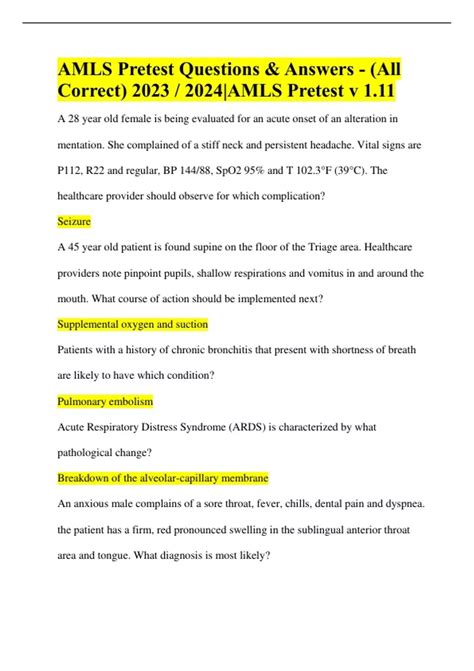 Amls Pretest Questions And Answers All Correct 2023 2024 Amls Stuvia Us