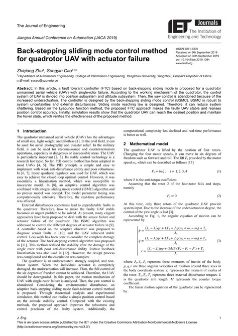 PDF Back Stepping Sliding Mode Control Method For Quadrotor UAV With Actuator Failure