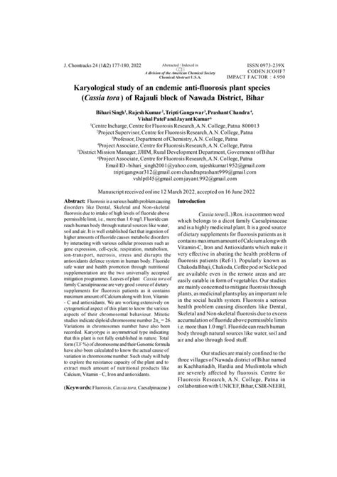 Pdf Karylogical Study Of An Endemic Anti Fluorosis Plant Species Cassia Tora Of Rajauli