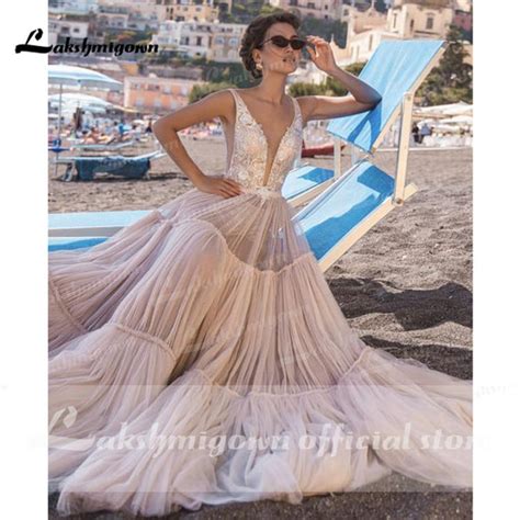 Lace Top A Line Deep V Neck Wedding Dress Roycebridal Official Store