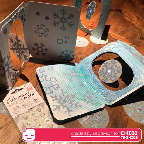 Snowflake Spinner Card Featuring White Blink Animating LEDs Chibitronics