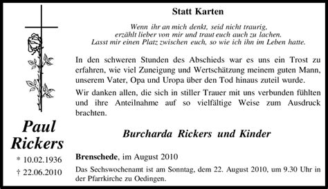 Traueranzeigen Von Paul Rickers Trauer In Nrwde