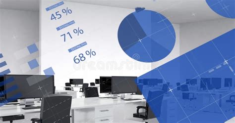 Image Of Computer Language And Reports Over Desktop Computers On Desks In Office Stock Image