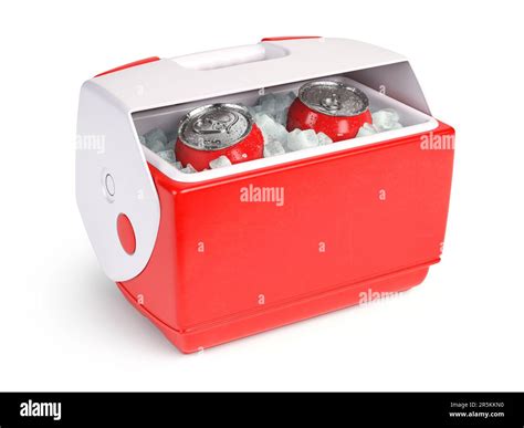 Plastic Cool Box Or Small Cooler With A Beer Cans Or Soda Drinks In Ice Isolated On White 3d