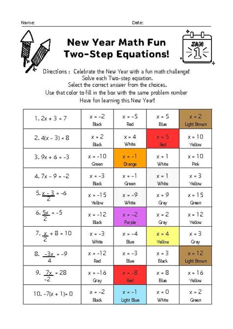 Two Step Equations Coloring Activity New Year Math Fun Tpt