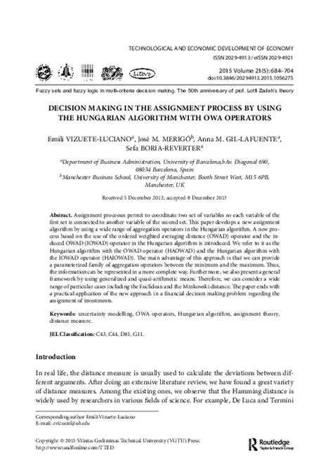 Pdf Decision Making In The Assignment Process By Using The Hungarian Algorithm With Owa Operators