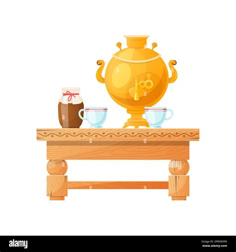 Old Russian Samovar On Table From Wood Vector Illustration Stock Vector