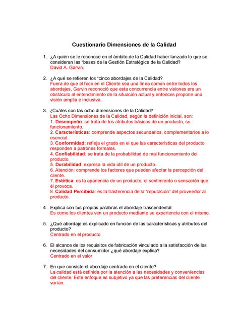 Cuestionario Dimensiones De La Calidad Garvin ¿a Qué Se Refieren Los