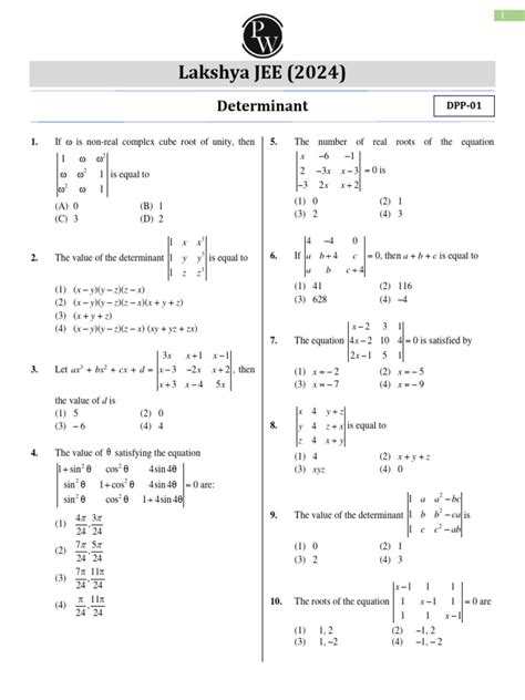 Determinant Dpp 01 Of Lec 03 Lakshya Jee 2024 Download Free Pdf Equations
