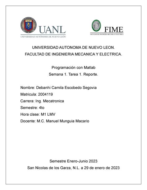 Tarea 1 Programacion Con Matlab Debanhi Escobedo Universidad Autonoma