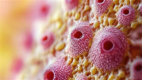 Vibrant Microscopic View Of Organic Cells With Nuclei Like Structures In Detailed Red And Yellow