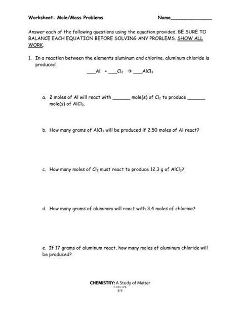 Mass Mass Problems Worksheet