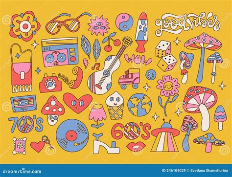 Retro 70s Hippie Psychedelic Groovy Elements Set Handgetekende