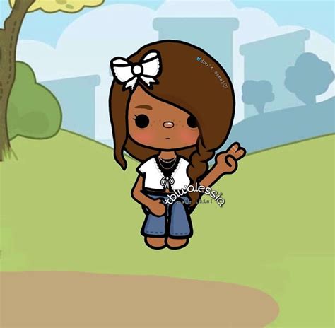 A Cartoon Girl With A Big Bow On Her Head Standing In The Grass Near A Tree