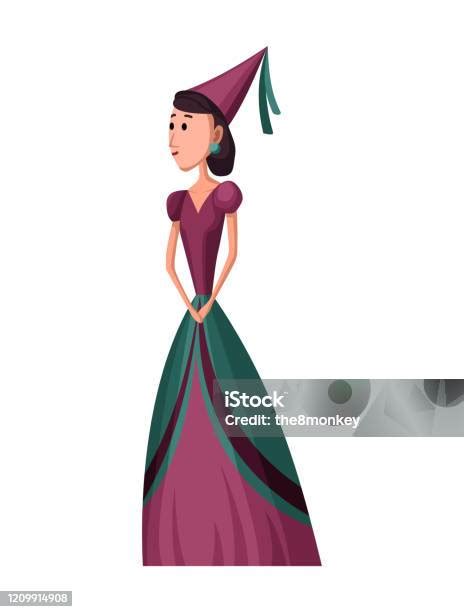 흰색 배경에 왕실 옷고립 중세 공주 캐릭터 동화 환상적인 왕국 캐릭터입니다 군주 벡터 귀여운 클립 아트 고대의에 대한 스톡 벡터