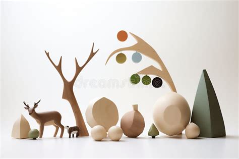 sharp edged carved shapes tree trunks with colorful decorations round