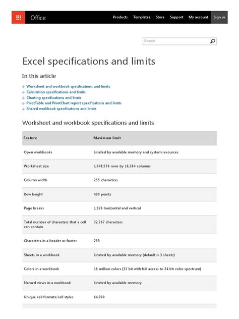 Excel Specifications And Limits Pdf Microsoft Excel Areas Of