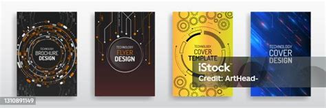 현대 과학 및 디지털 기술 개념 브로셔또는 하이테크 요소 배경으로 커버를 위한 벡터 템플릿입니다 다채로운 레이아웃 미래 브로셔 전단지 플래카드 0명에 대한 스톡 벡터 아트