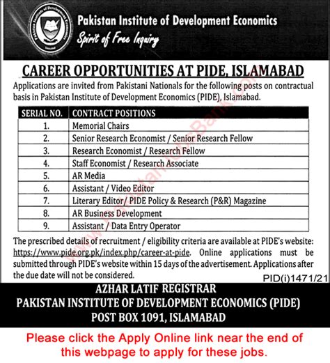 Pakistan Institute Of Development Economics Islamabad Jobs September
