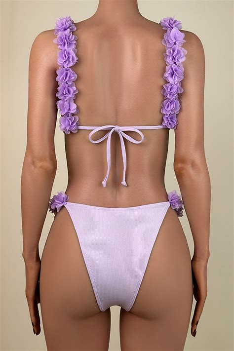 Sexy Ruffled Trim Ribbed Brazilian Cheeky Tie String Slide Triangle Bi