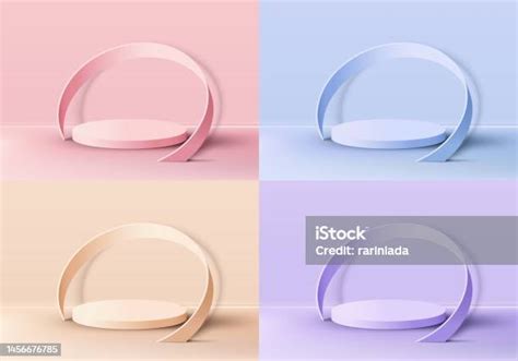 3d 현실적인 현대 핑크 블루 옐로우 퍼플 파스텔 컬러 실린더 연단 플랫폼 세트 최소 벽 장면 배경에 원형 소용돌이 받침대에
