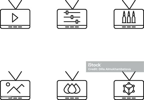 웹 사이트 앱 기사 상점 광고에 대한 현대 흑백 기호 편집 가능한 획 Tv 화면에 놀이 표시 사운드 바 총알 산 방울 화학