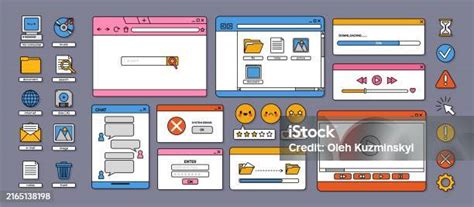 90년대 레트로 인터페이스 요소 Vaporwave 미적 컴퓨터 Ui 아이콘과 개체가 있는 오래된 사용자 바탕 화면 디지털 Pc 버튼 대화 상자 막대 폴더 창 벡터 세트