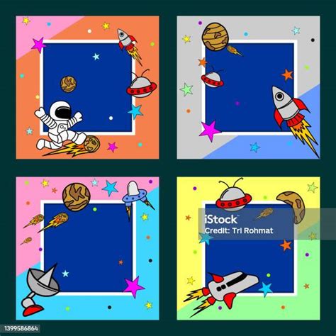 우주 만화 테마 소셜 미디어 마케팅 게시물 템플릿 세트 아이들을위한 귀여운 디자인 개념에 대한 스톡 벡터 아트 및 기타 이미지