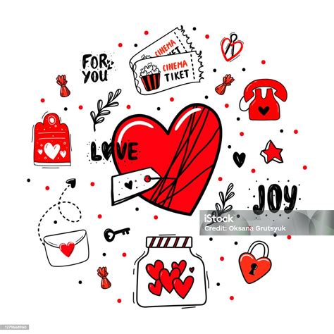발렌타인 데이 테마 낙서 세트 전통적인 낭만적 인 상징 심장 모양 키 티켓 화살표 선물 상자 당신을 위해 편지 사랑 편지 사탕 프리핸드 벡터 도면 배너 또는 엽서 2월에
