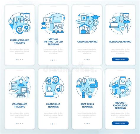 Developing Training Programs Blue Onboarding Mobile App Screen Set Stock Illustration