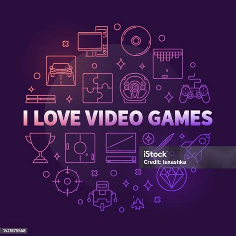 I Love Video Games Vector Round Colorful Outline Illustration Stock
