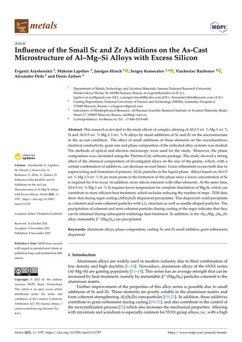 Pdf Influence Of The Small Sc And Zr Additions On The As Cast