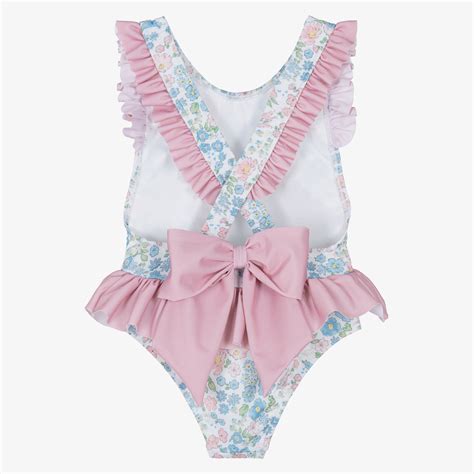 Meia Pata Girls Pink And Blue Swimsuit With Floral Print And Ruffles