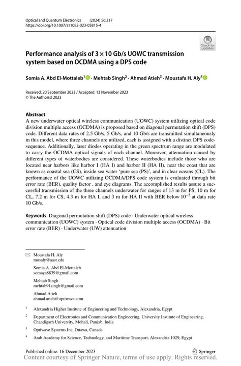 pdf performance analysis of 3 × 10 gb s uowc transmission system
