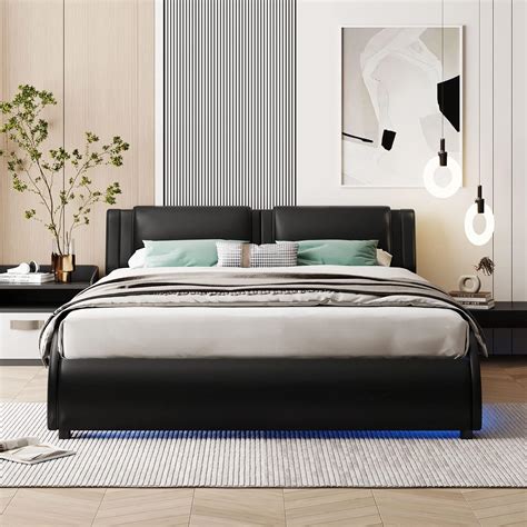 Harper Bright Designs Base de cama tapizada de tamaño matrimonial con luces LED debajo de la