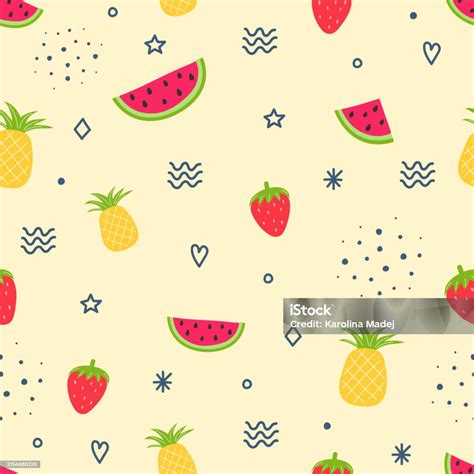 컬러풀한 여름 무늬입니다 과일 배경 수박 파인애플 딸기 벡터 일러스트 레이 션 개념에 대한 스톡 벡터 아트 및 기타 이미지 개념 계절 공휴일 Istock