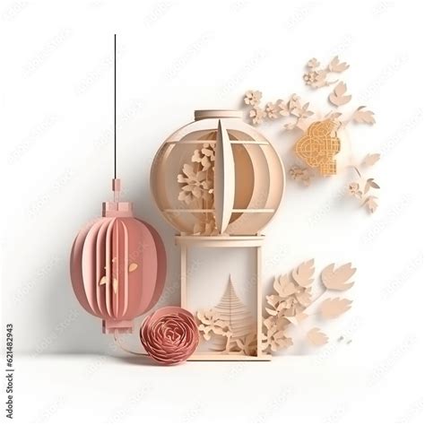 생성형 인공지능으로 만든 케이블에 다양한 크기의 조명이 매달린 밝은 종이 배경 Ilustración De Stock Adobe Stock