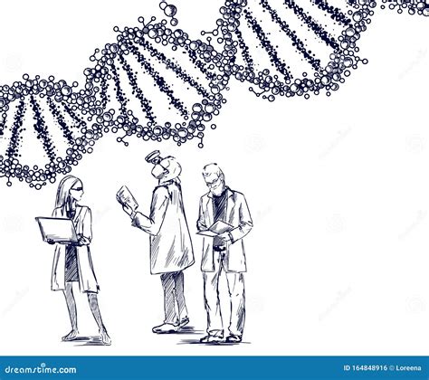 Scientists Exploring DNA Structure Hand Drawn Genome Sequencing