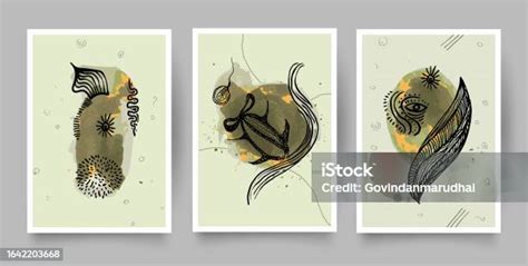 추상 포스터 모음입니다 현대 미술 인쇄 템플릿 세트입니다 벽 장식 엽서 또는 브로셔 디자인을 위한 창의적인 손으로 그린 그림 세트 벡터 아트와 수채화 가리기에 대한 스톡